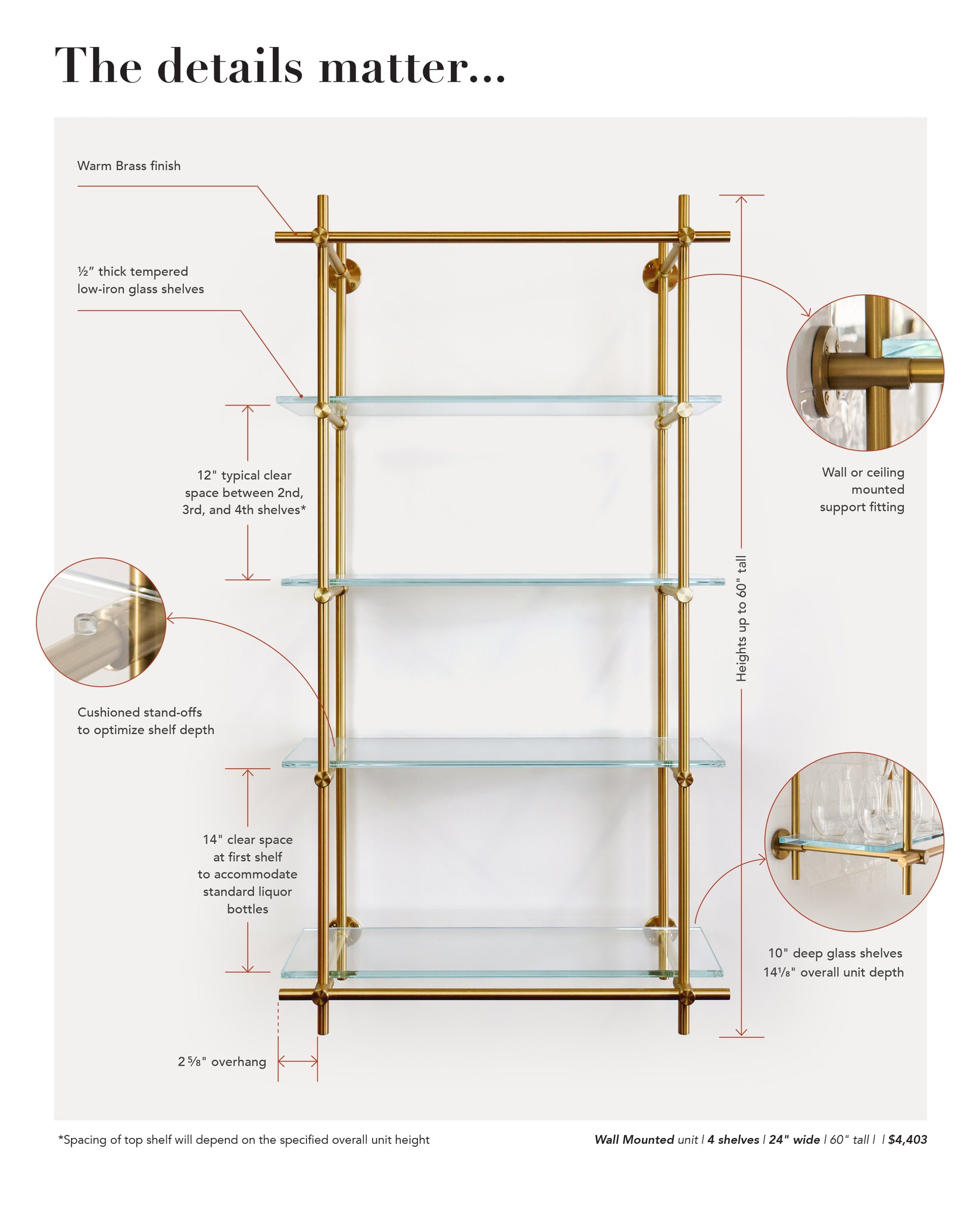 Ceiling + Wall Mounted | Floating Shelving | Warm Brass with Glass She ...