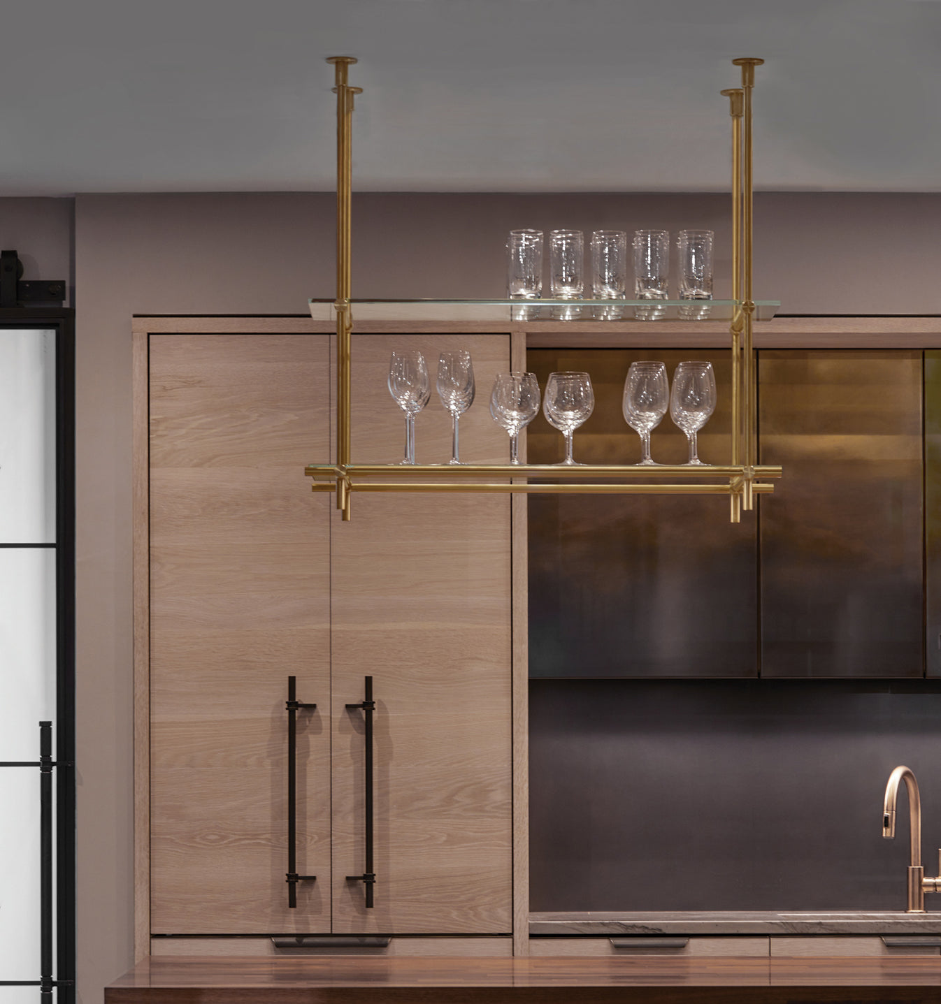 Ceiling Mounted | Suspended Shelving | Warm Brass with Glass Shelves ...
